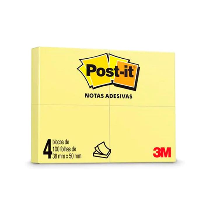 BLOCO POST IT 38X50 PEQUENO 100 FOLHAS AMARELO C/ 4 BLOCOS - 3M | Queiroz
